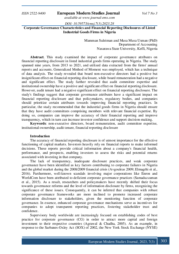 Pdf Corporate Governance Characteristics And Financial Reporting