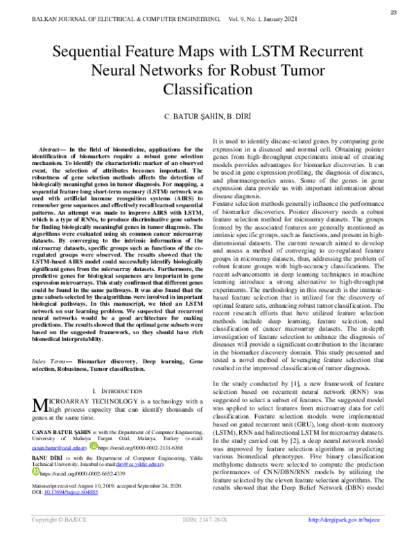(PDF) Sequential Feature Maps with LSTM Recurrent Neural Networks for Robust Tumor Classification