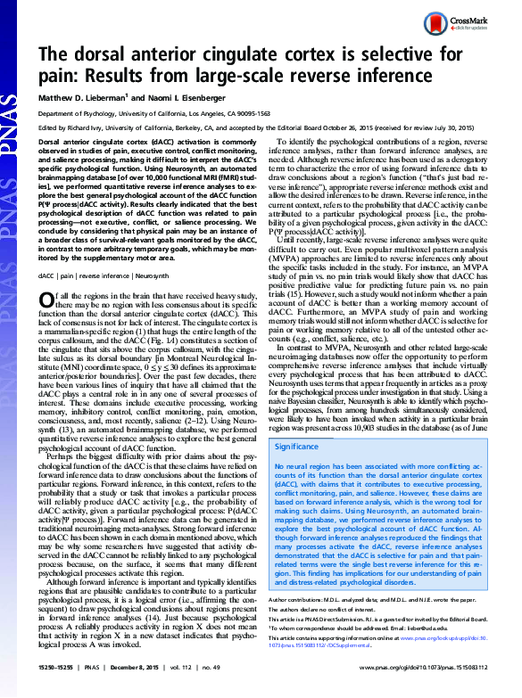 (PDF) The dorsal anterior cingulate cortex is selective for pain: Results from large-scale ...