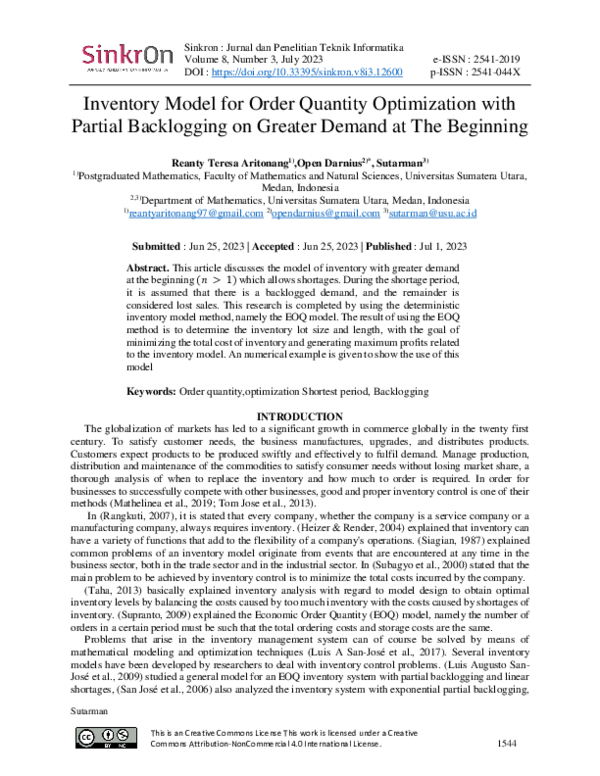 (PDF) Inventory Model for Order Quantity Optimization with Partial Backlogging on Greater Demand ...