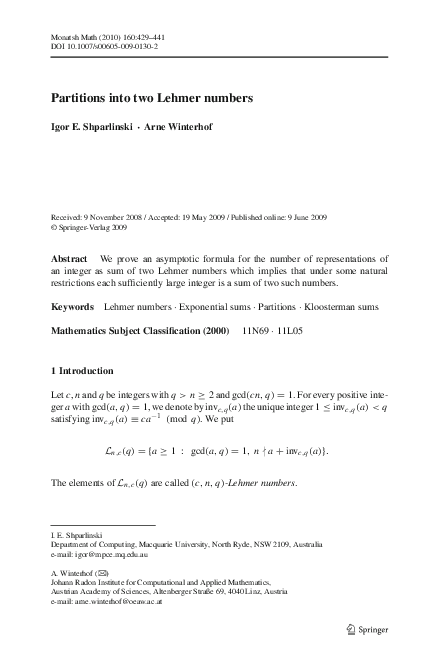 (PDF) Partitions into two Lehmer numbers