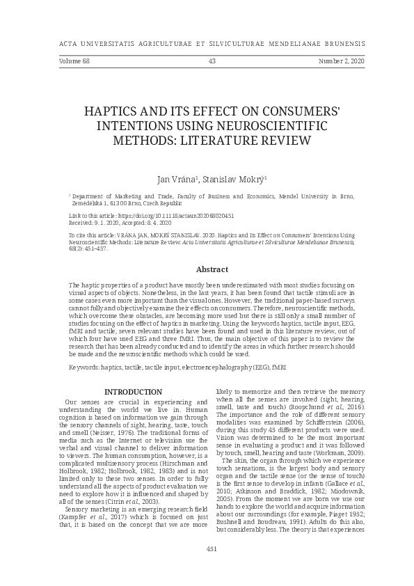 (PDF) Haptics and its Effect on Consumers' Intentions Using Neuroscientific Methods: Literature ...