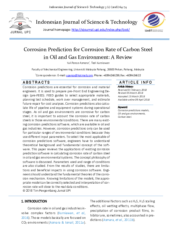 Pdf Corrosion Prediction For Corrosion Rate Of Carbon Steel In Oil And Gas Environment A Review 