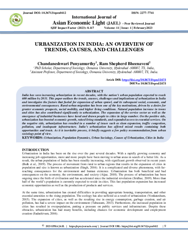 (PDF) Urbanization in India: An Overview of Trends, Causes, and Challenges