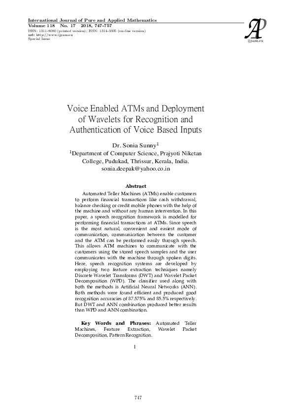 (PDF) Voice Enabled Atms and Deployment of Wavelets for Recognition and ...