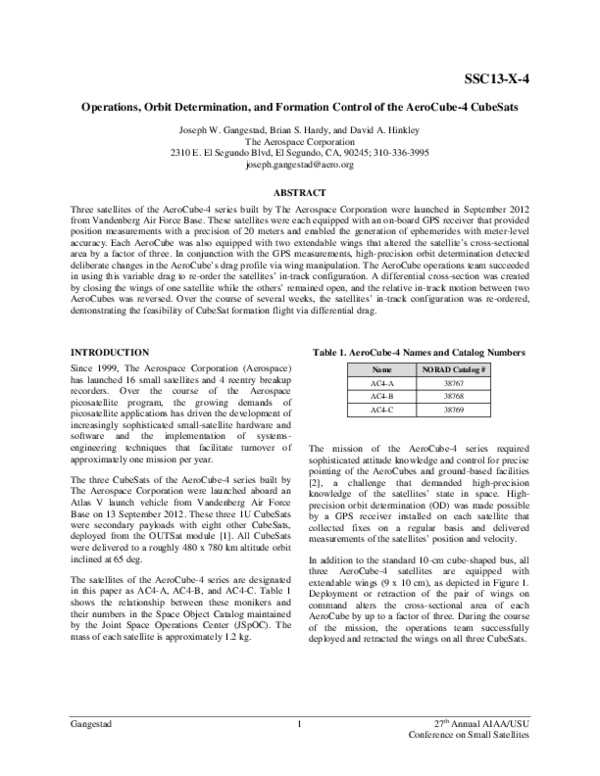 Pdf Operations Orbit Determination And Formation Control Of The Aerocube 4 Cubesats