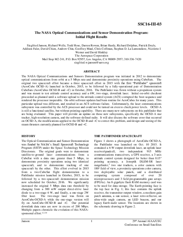 (PDF) The NASA Optical Communications and Sensor Demonstration Program ...