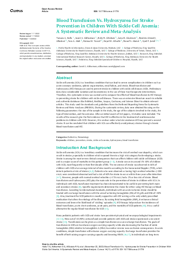 (PDF) Blood Transfusion Vs. Hydroxyurea for Stroke Prevention in ...