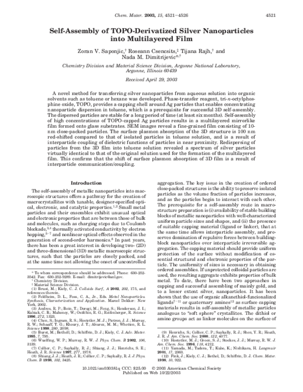 (PDF) Self-Assembly of TOPO-Derivatized Silver Nanoparticles into Multilayered Film