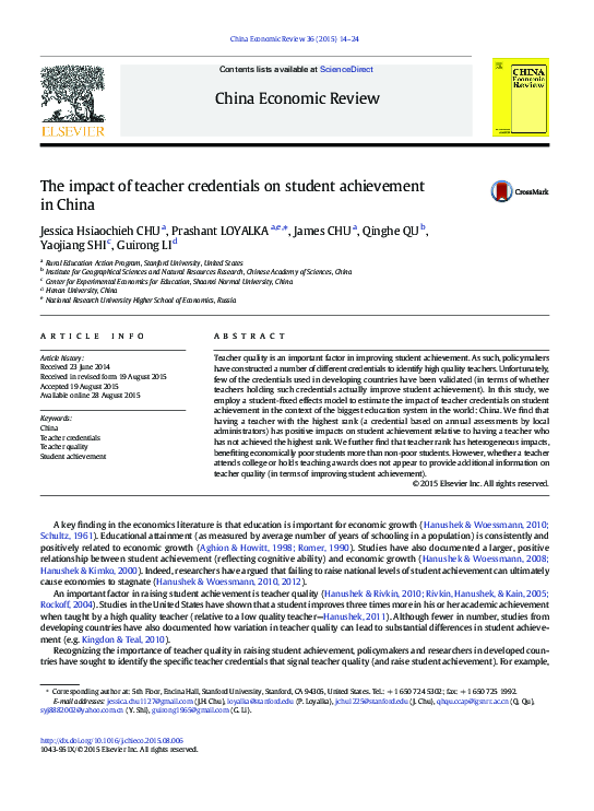 (PDF) The impact of teacher credentials on student achievement in China