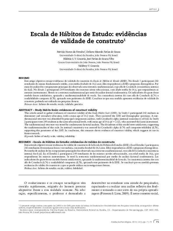 (PDF) Escala de Hábitos de Estudo: evidências de validade de construto