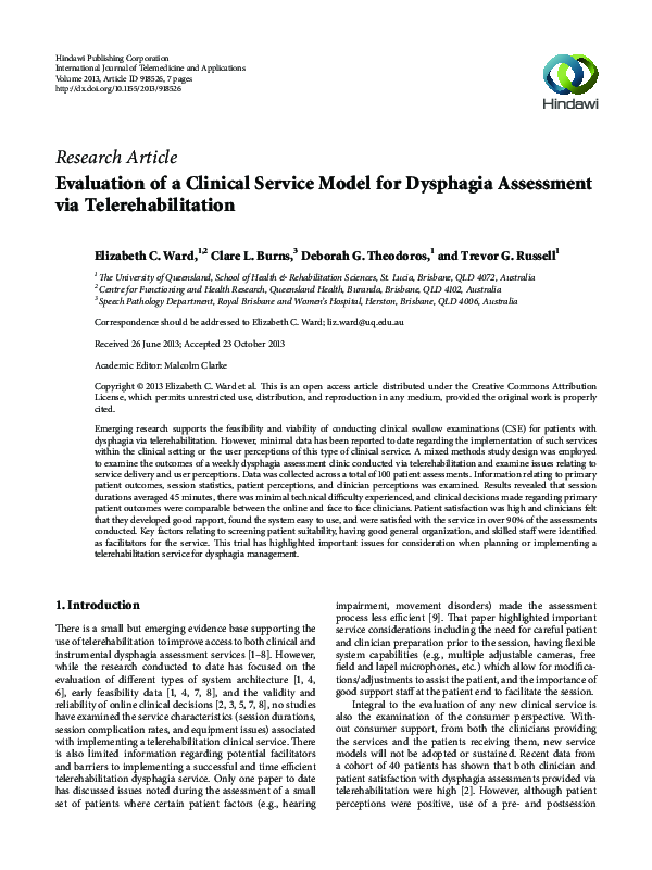(PDF) Evaluation of a Clinical Service Model for Dysphagia Assessment ...