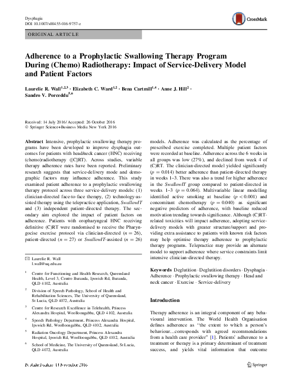 (PDF) Adherence to a Prophylactic Swallowing Therapy Program During (Chemo) Radiotherapy: Impact ...