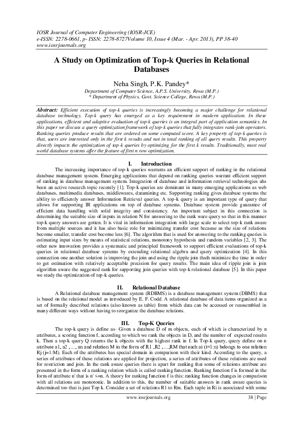 (PDF) A Study on Optimization of Top-k Queries in Relational Databases | neha singh - Academia.edu