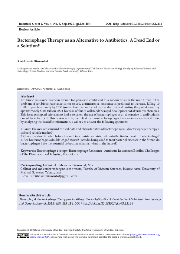 (PDF) Bacteriophage Therapy as an Alternative to Antibiotics: A Dead End or A Solution?