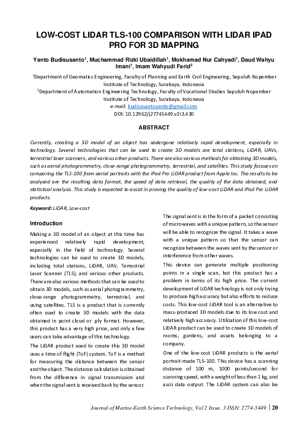 Pdf Low Cost Lidar Tls 100 Comparison With Lidar Ipad Pro For 3d Mapping