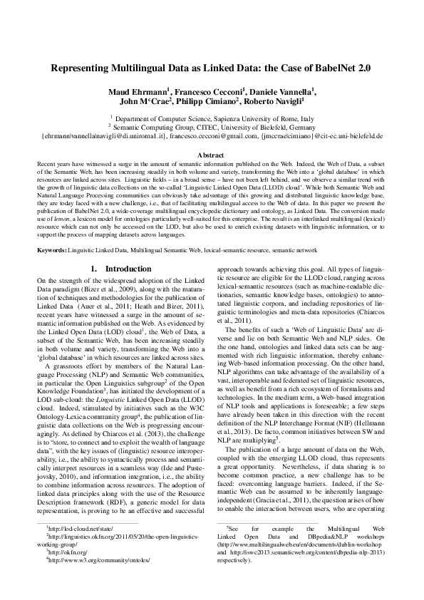 (PDF) Representing multilingual data as linked data: the case of BabelNet 2.0