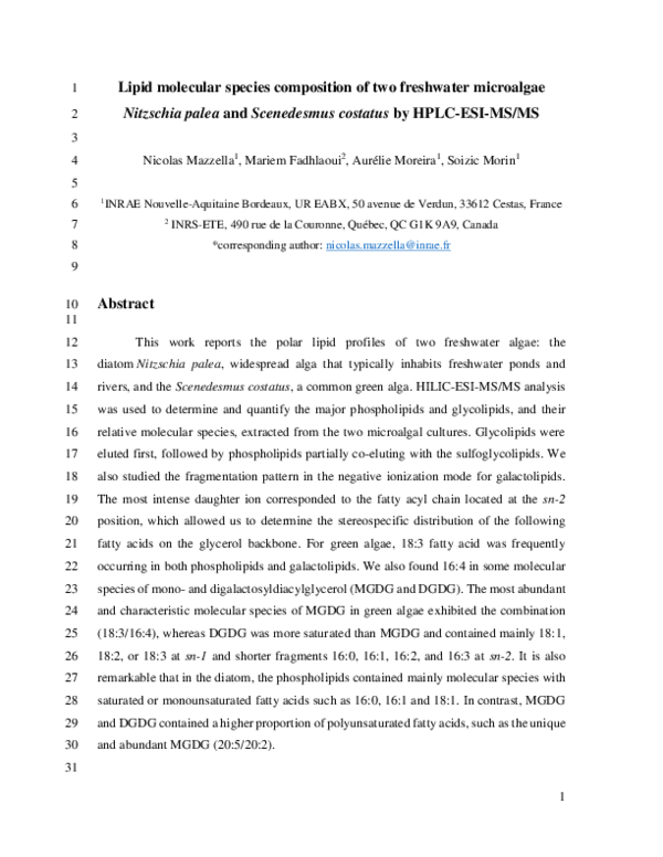(PDF) Lipid molecular species composition of two freshwater microalgae Nitzschia palea and ...