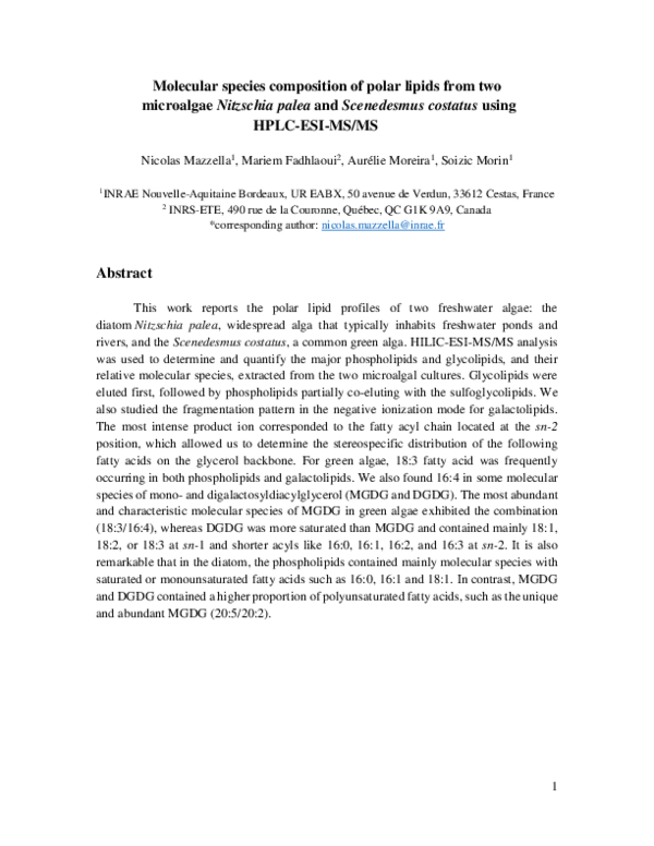 (PDF) Molecular species composition of polar lipids from two microalgae Nitzschia palea and ...