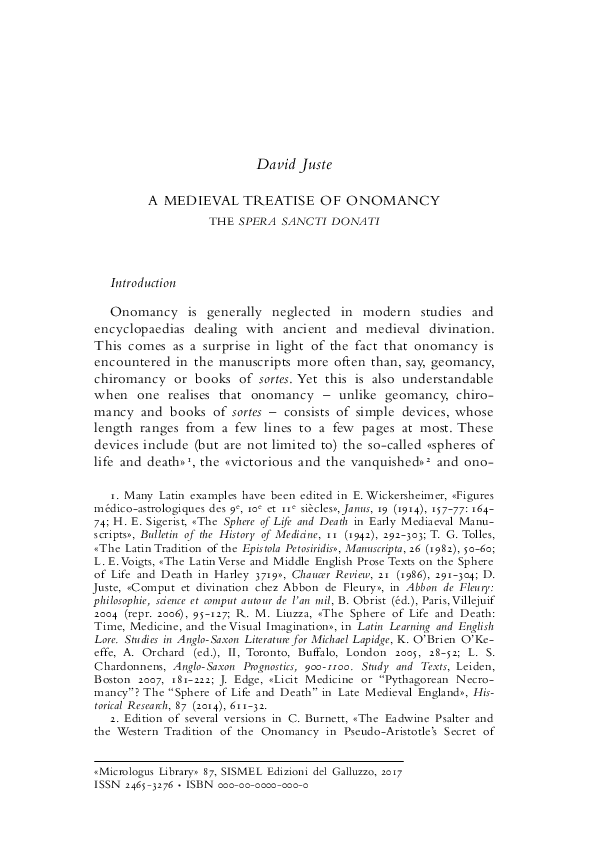 (PDF) A Medieval Treatise of Onomancy: The Spera sancti Donati