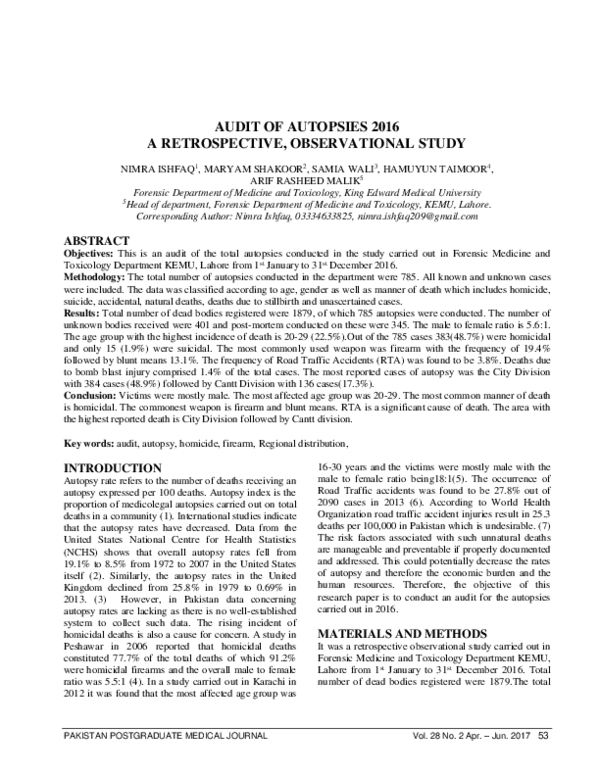 (PDF) Audit of Autopsies 2016 a Retrospective, Observational Study