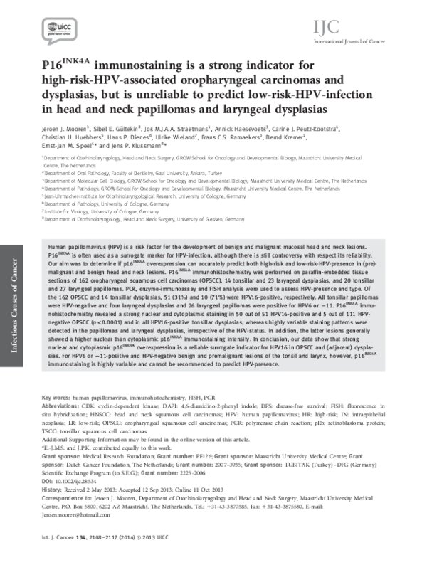 (PDF) P16INK4Aimmunostaining is a strong indicator for high-risk-HPV ...