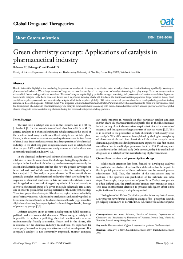 (PDF) Green chemistry concept: Applications of catalysis in ...