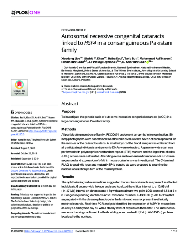 (PDF) Autosomal recessive congenital cataracts linked to HSF4 in a ...