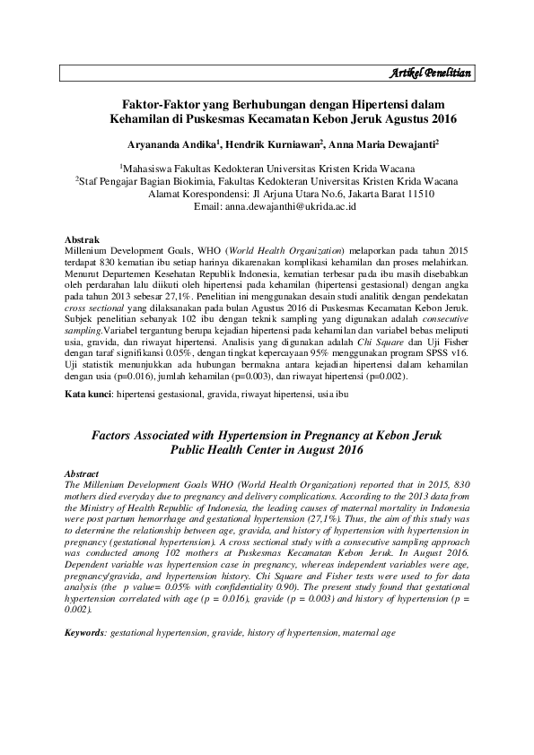 (PDF) Faktor-Faktor Yang Berhubungan Dengan Hipertensi Dalam Kehamilan DI Puskesmas Kecamatan ...