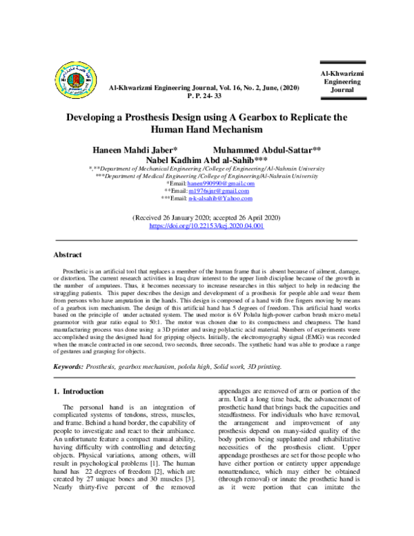 (PDF) Developing a Prosthesis Design using A Gearbox to Replicate the Human Hand Mechanism