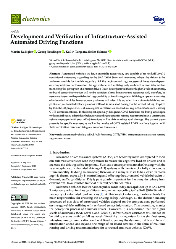 (PDF) Development and Verification of Infrastructure-Assisted Automated Driving Functions