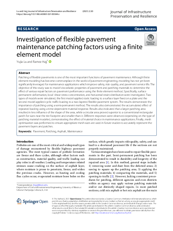 Pdf Investigation Of Flexible Pavement Maintenance Patching Factors Using A Finite Element Model 