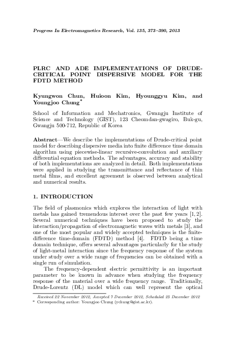 Pdf Plrc And Ade Implementations Of Drude Critical Point Dispersive Model For The Fdtd Method