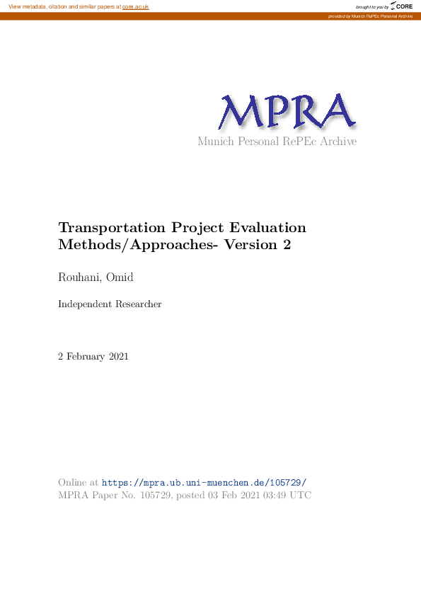 Pdf Transportation Project Evaluation Methods Approaches Version 2