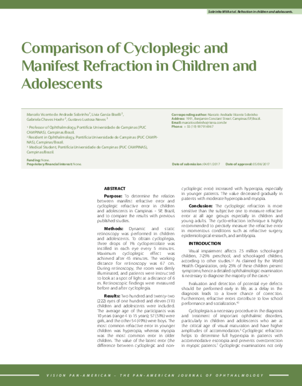 (PDF) Comparison of Cycloplegic and Manifest Refraction of Children and ...