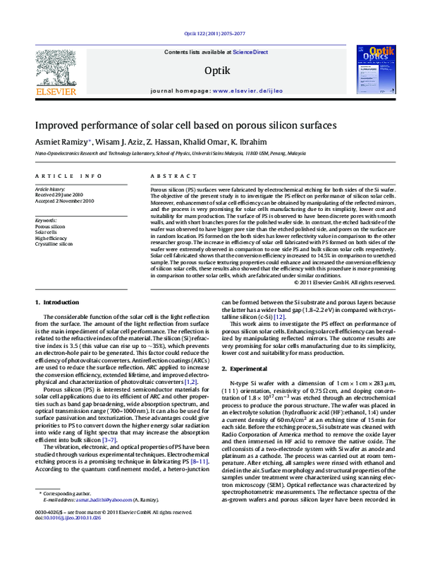 (PDF) Improved performance of solar cell based on porous silicon surfaces