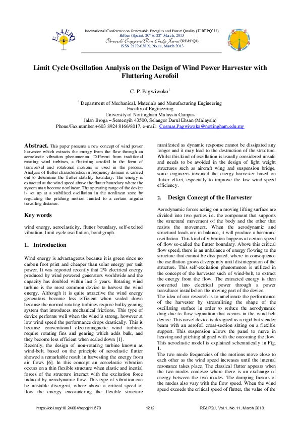 (PDF) Limit Cycle Oscillation Analysis on the Design of Wind Power Harvester with Fluttering ...