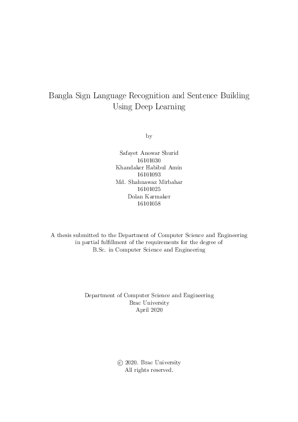 (PDF) Bangla Sign Language Recognition and Sentence Building Using Deep ...