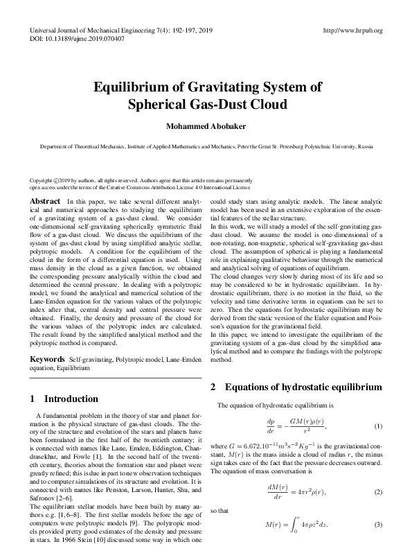 (PDF) Equilibrium of Gravitating System of Spherical Gas-Dust Cloud