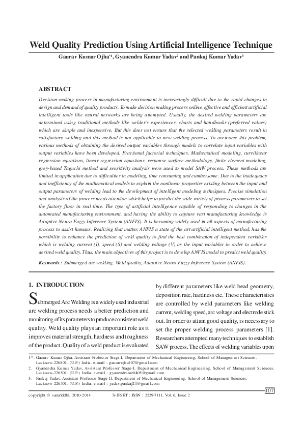 (PDF) AI Techniques for Weld Quality Prediction