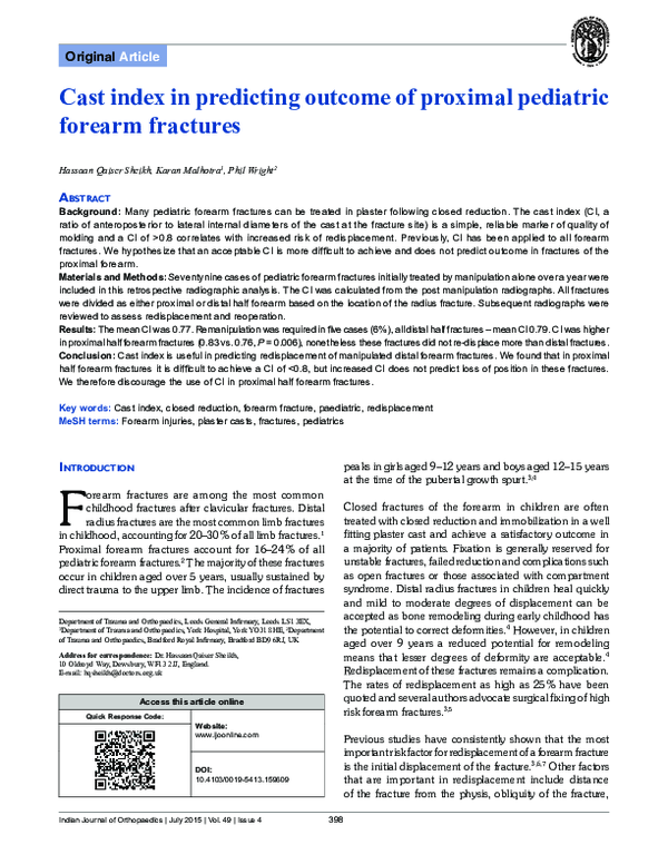 (PDF) Cast index in predicting outcome of proximal pediatric forearm ...