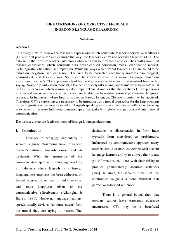 (PDF) The Expressions of Corrective Feedback in Second Language Classroom