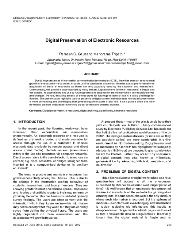 (PDF) Digital Preservation of Electronic Resources