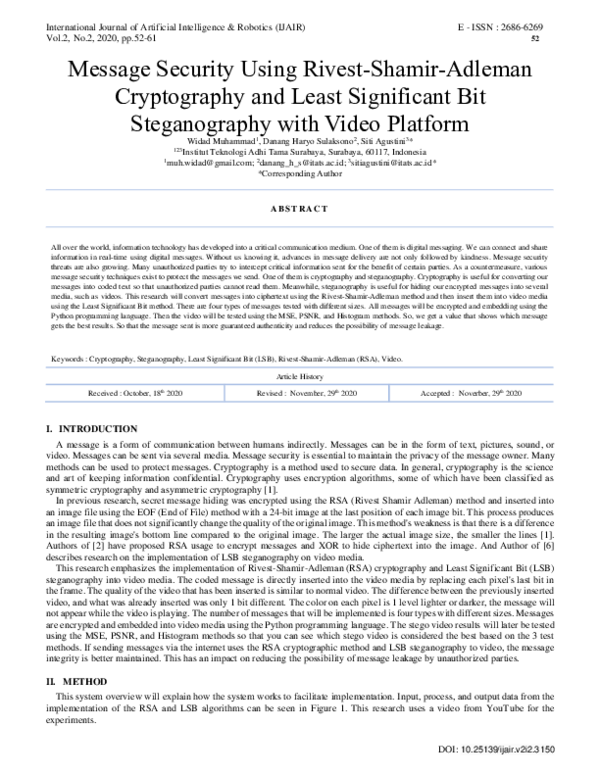 Pdf Message Security Using Rivest Shamir Adleman Cryptography And Least Significant Bit