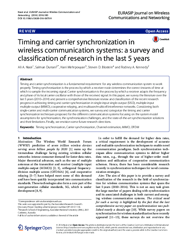 Timing And Carrier Synchronization In Wireless Communication Systems A Survey And