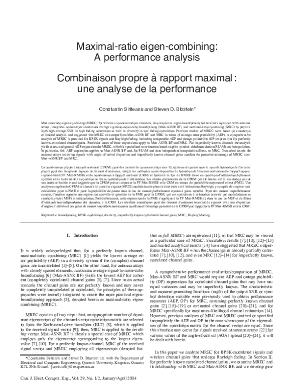 Pdf Maximal Ratio Eigen Combining A Performance Analysis