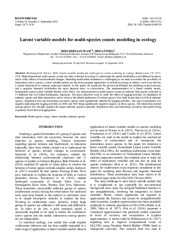 (PDF) Latent variable models for multi-species counts modeling in ecology