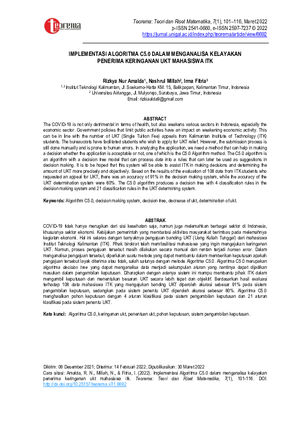 (PDF) Implementasi Algoritma C5.0 Dalam Menganalisa Kelayakan Penerima Keringanan Ukt Mahasiswa Itk