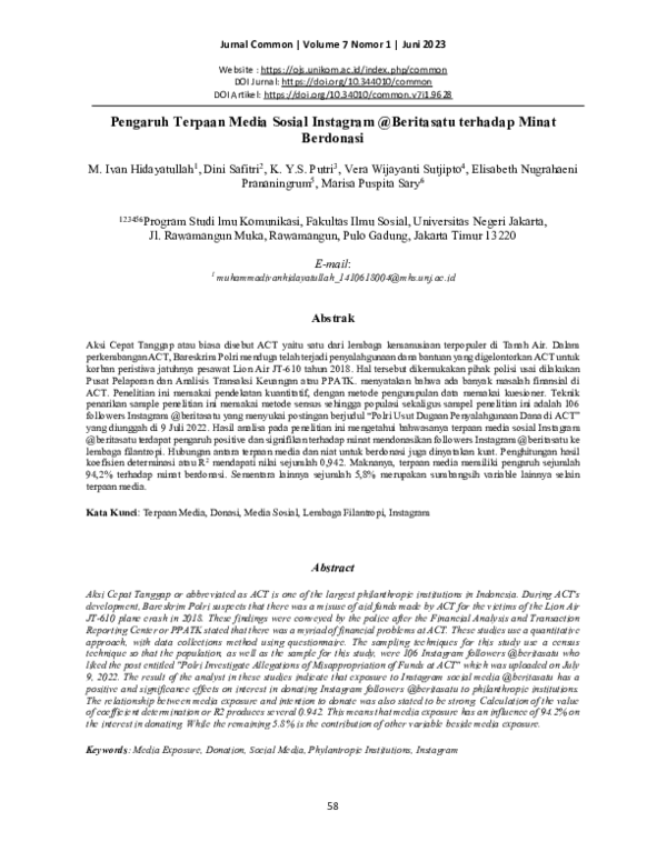 (PDF) Pengaruh Terpaan Media Sosial Instagram @Beritasatu terhadap Minat Berdonasi