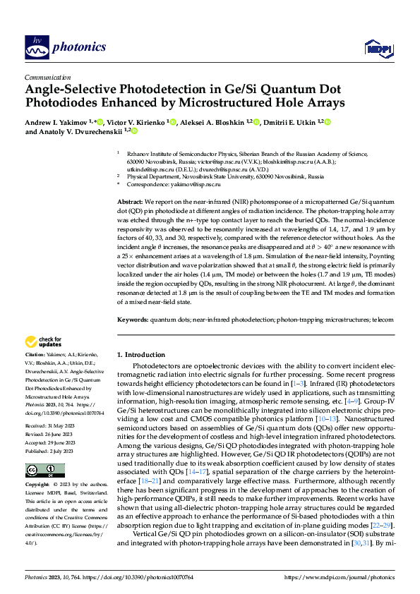 (PDF) Angle-Selective Photodetection in Ge/Si Quantum Dot Photodiodes Enhanced by ...